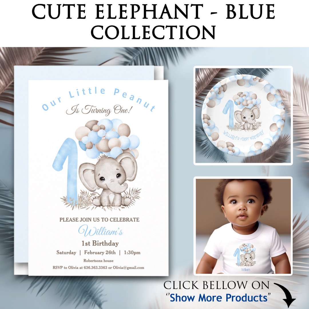 Cute Elephant Boy 1st Birthday Invitation | Zazzle