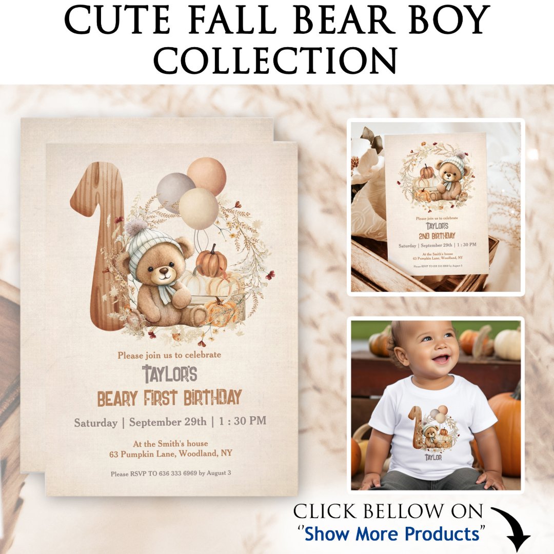 Cute Teddy Bear Fall Pumpkins Beary 1st Birthday Invitation | Zazzle