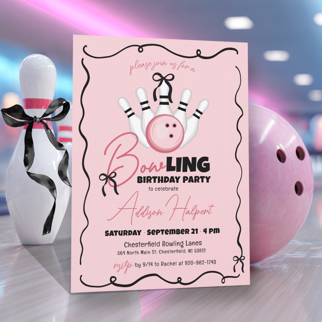 Pink Hand Drawn BOWling Bows Girl Birthday Party Invitation | Zazzle