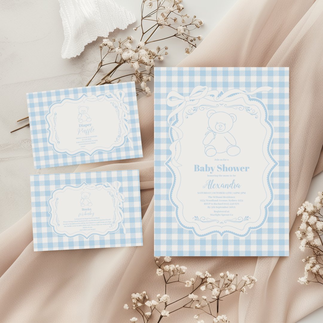 Cute Gingham French Teddy Bear Baby Shower Invitation | Zazzle