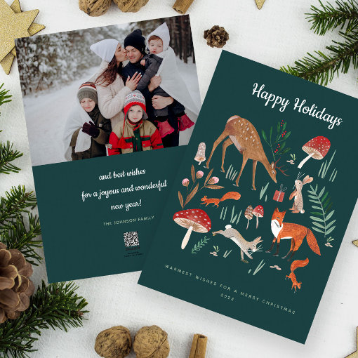 Cute Woodland green & pink woodland animals Forest Holiday Card | Zazzle