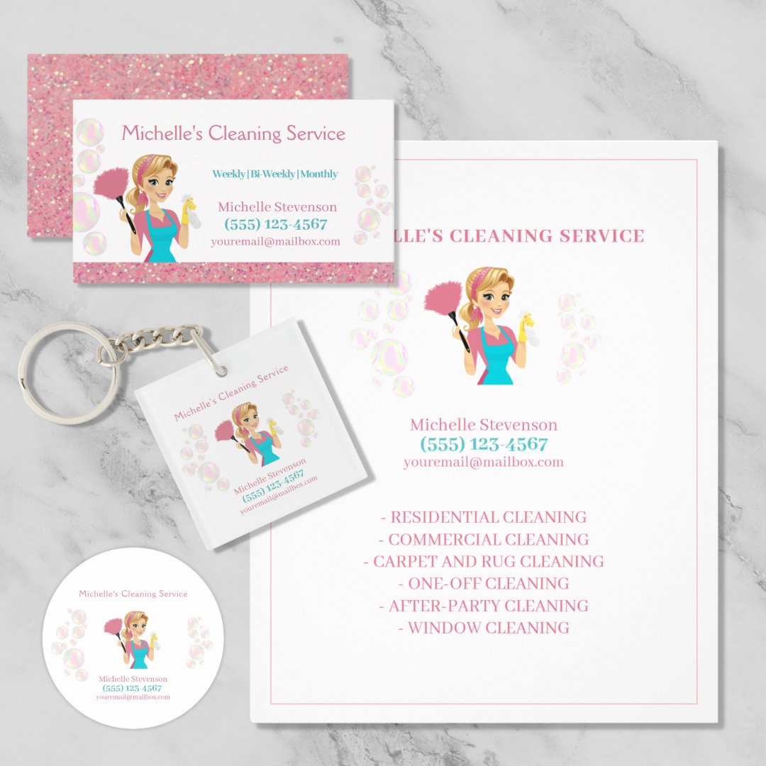 Cute Pink Sparkle Maid Cleaning Service Door Hanger | Zazzle