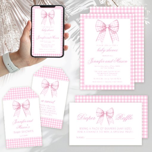 Pink gingham bow ribbon baby girl shower napkins | Zazzle