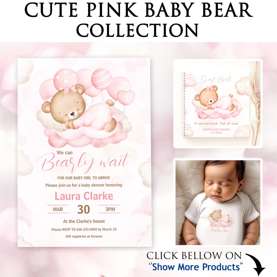 Welcome Baby Girl Name Personalized Pink Bear Card | Zazzle