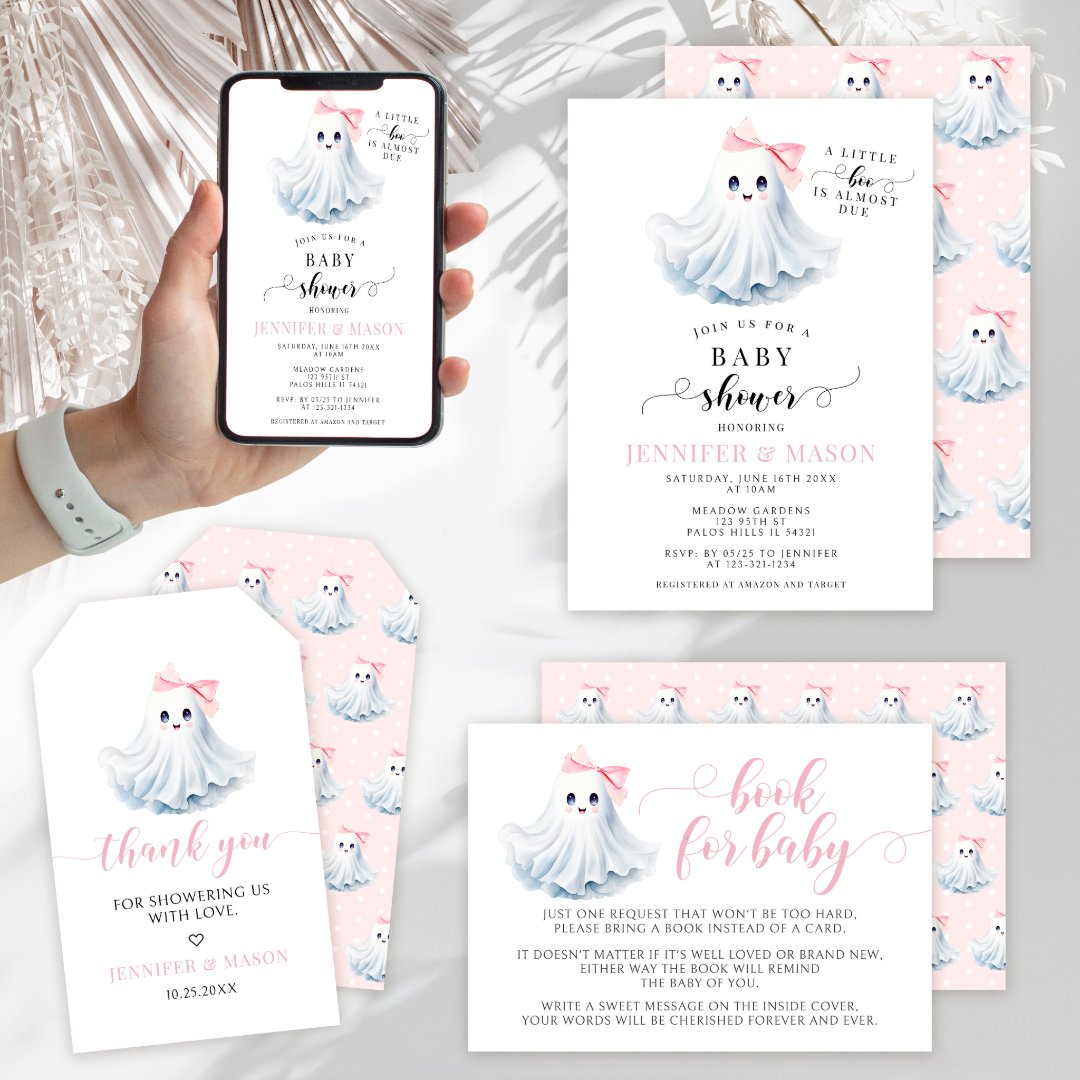 Boho Cute Pink Little Boo Bow Baby Girl Shower Invitation | Zazzle