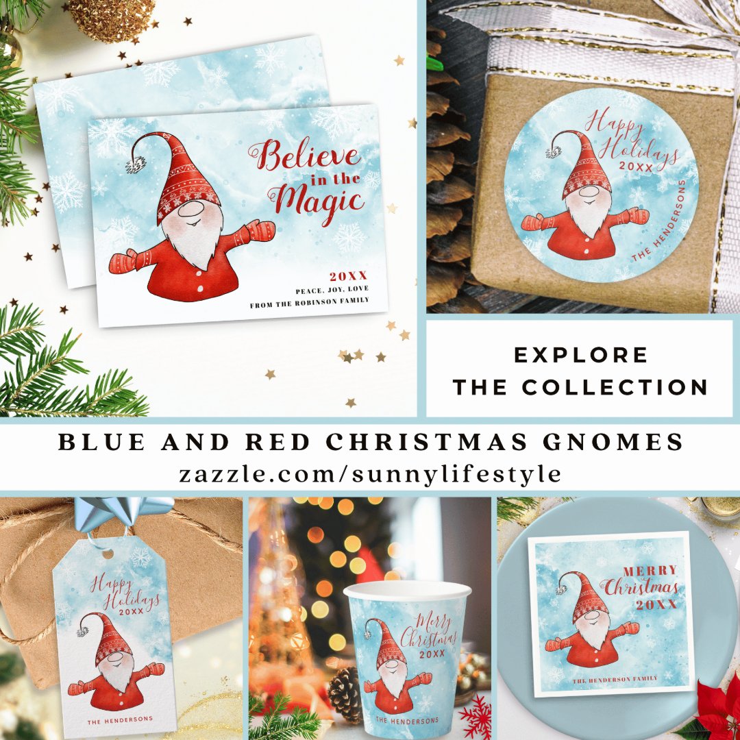 Merry Christmas Elegant Blue Red Cute Gnome Holiday Card | Zazzle