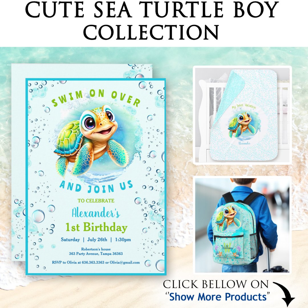 Baby Sea Turtle Boy Custom Age First Birthday Invitation | Zazzle