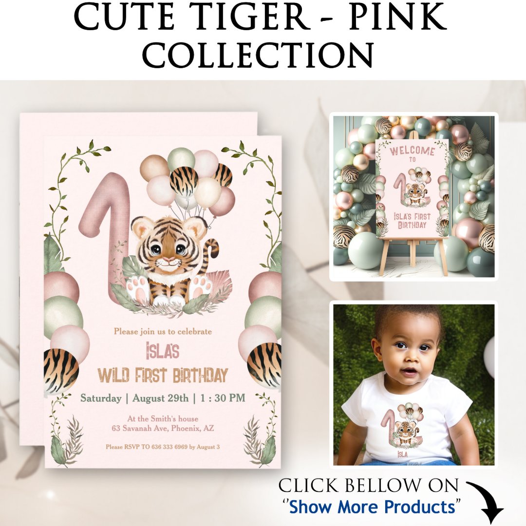 Cute Tiger Safari Pink Two Wild Girl 2nd Birthday Invitation | Zazzle