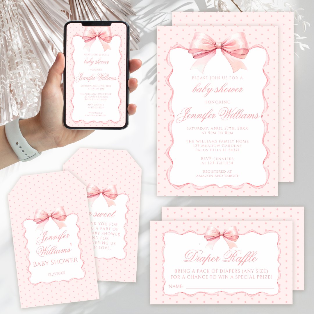 Cute pink polkadot bow ribbon baby girl shower invitation | Zazzle