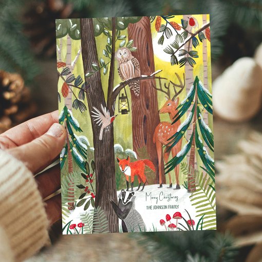 Green forest with woodland animals Christmas Card | Zazzle