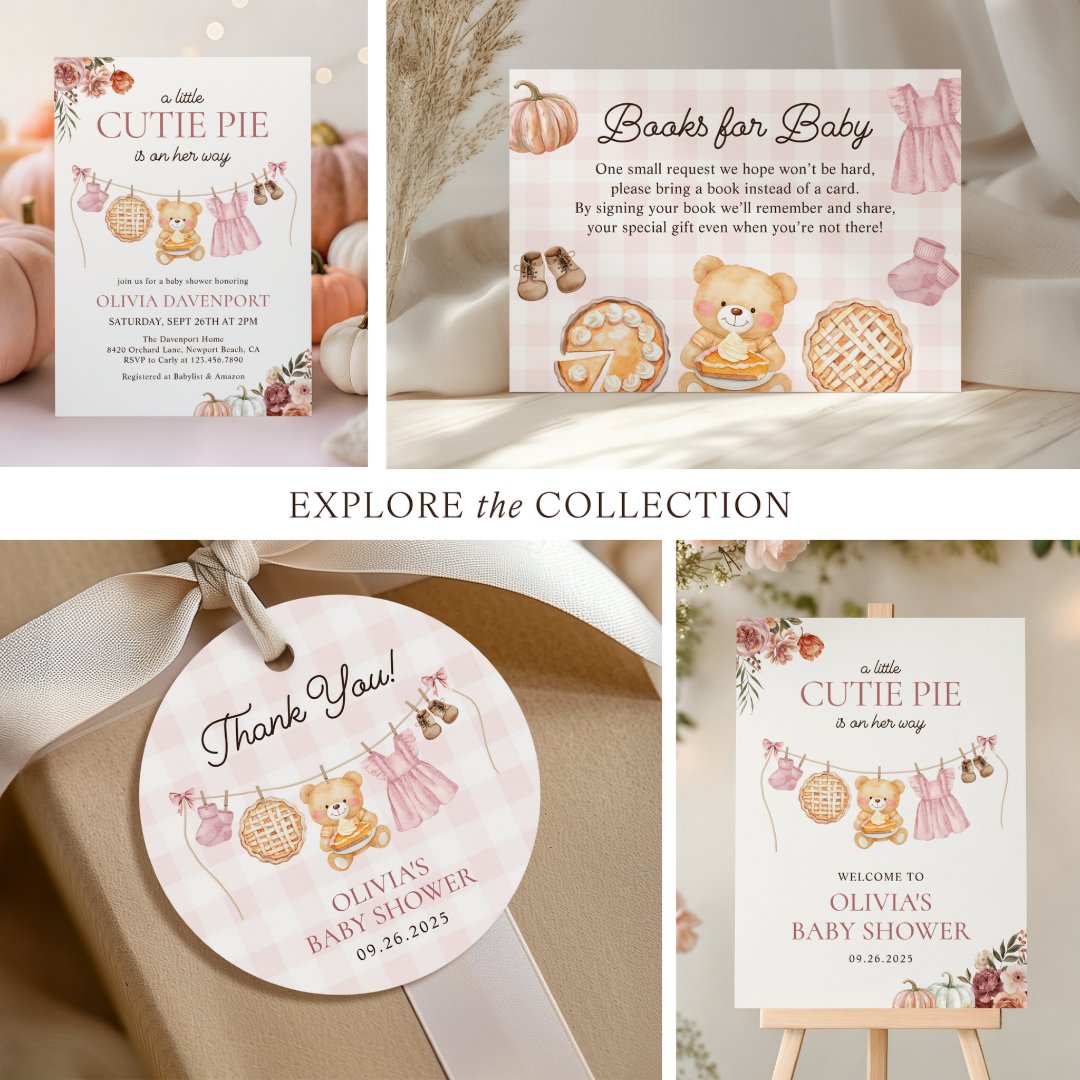 Cutie Pie Pink Fall Teddy Bear Girl Baby Shower Invitation | Zazzle
