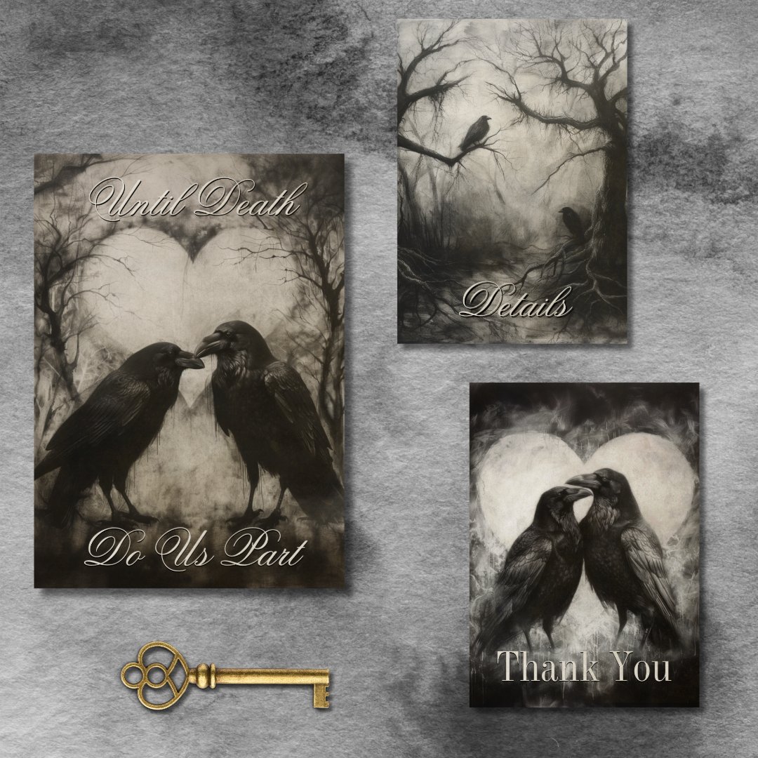 Dark Gothic Black & Tan Raven Script Wedding Invitation | Zazzle