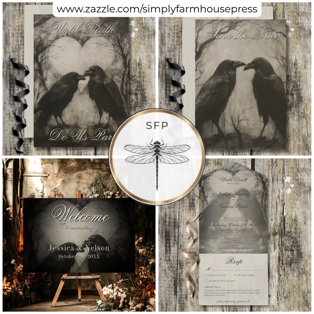 Dark Gothic Black & Tan Raven Script Wedding Invitation | Zazzle