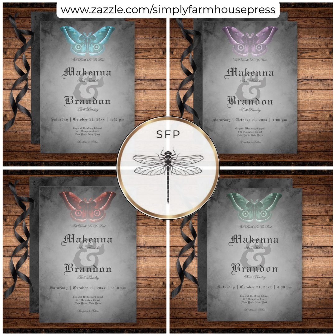 Dark Gothic Black Watercolor Green Moth Wedding Invitation | Zazzle