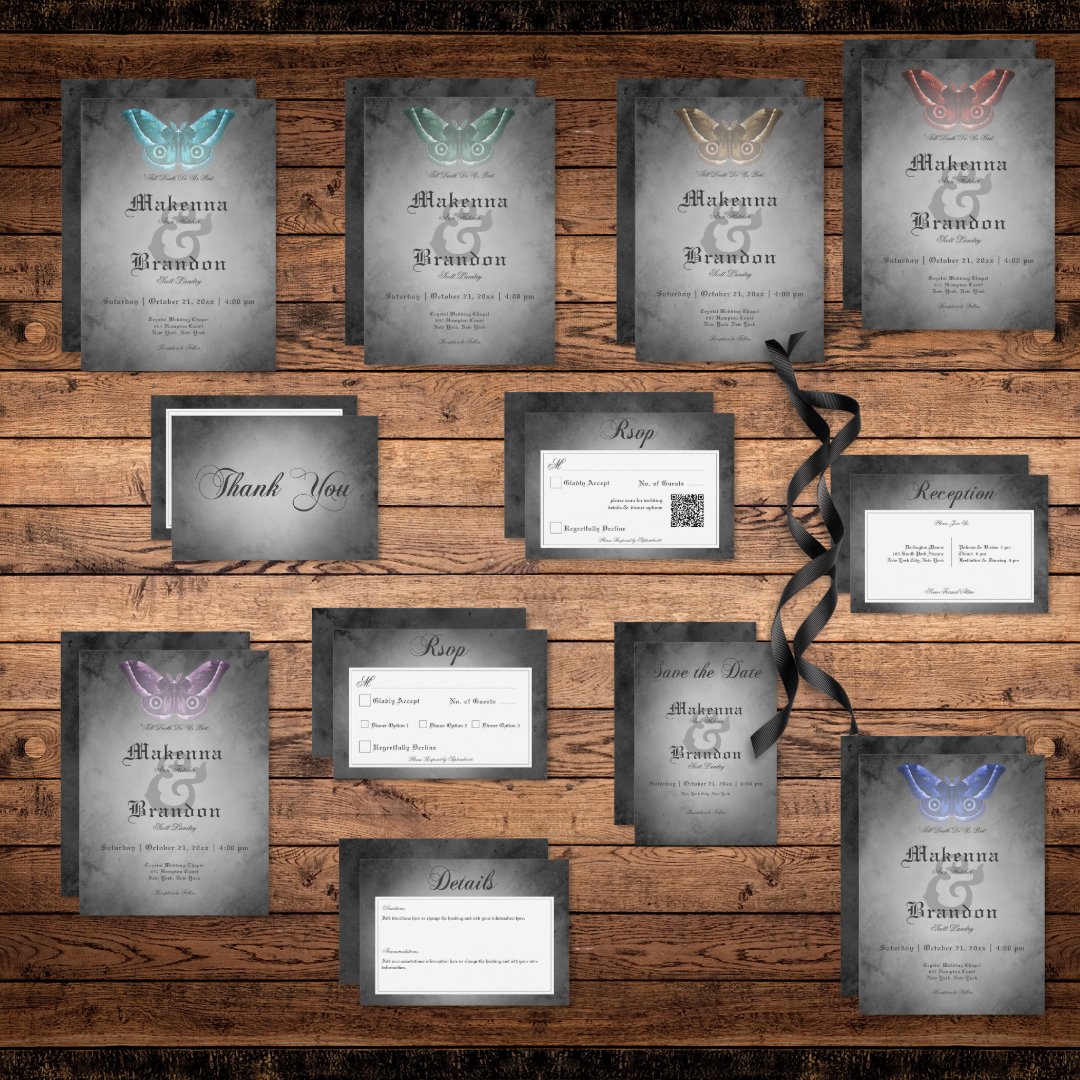 Dark Gothic Black Watercolor Green Moth Wedding Invitation | Zazzle