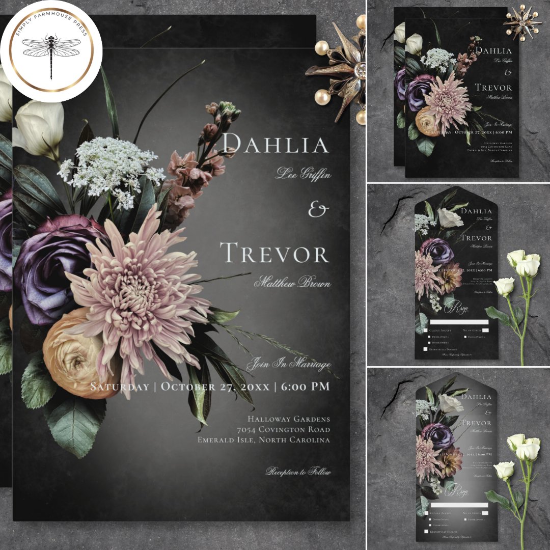 Dark Gothic Mysterious Muted Floral Wedding Thank You Card | Zazzle