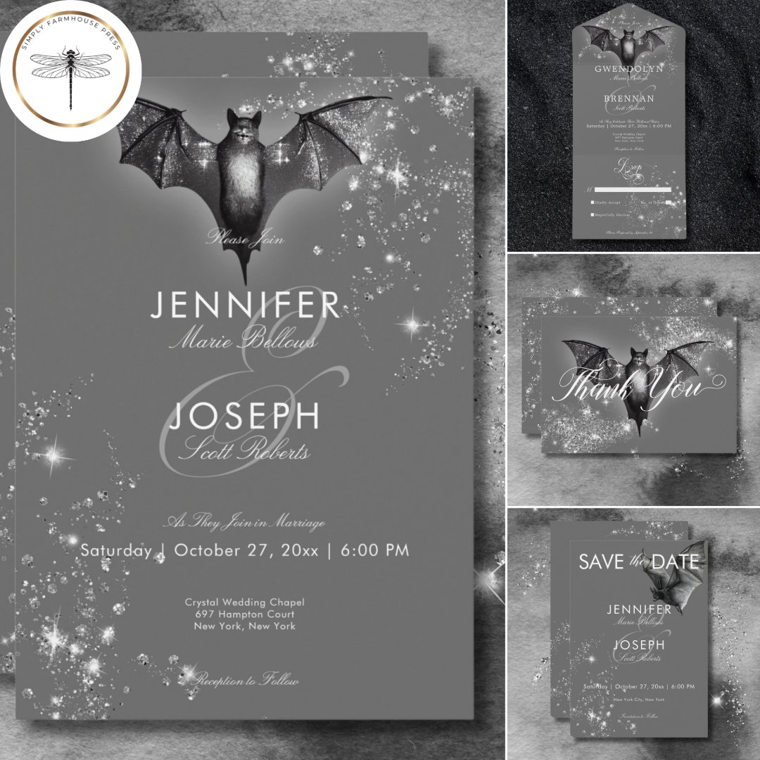 Dark Halloween Glam Bat & Diamonds QR Code All In One Invitation | Zazzle