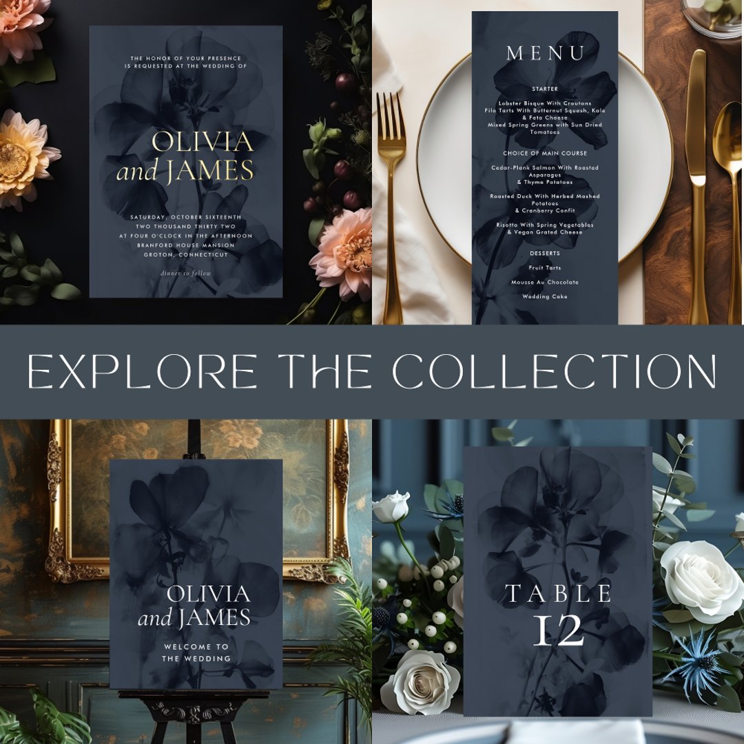 Dark Moody Botanical Overlay Blue Wedding Enclosure Card | Zazzle