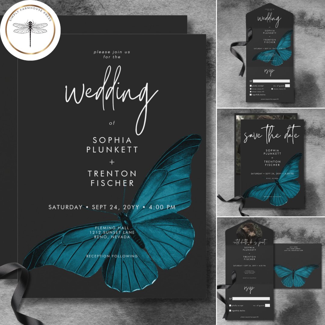 Dark Moody Minimal Moth Photo No Dinner Wedding All In One Invitation ...
