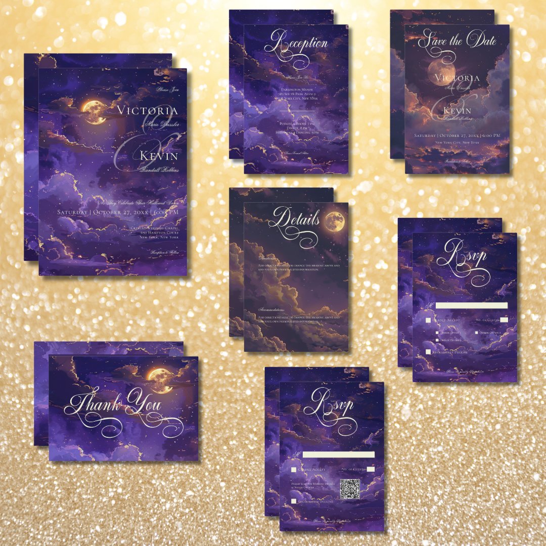 Dark Moody Purple & Gold Moonlit Clouds Wedding Invitation | Zazzle
