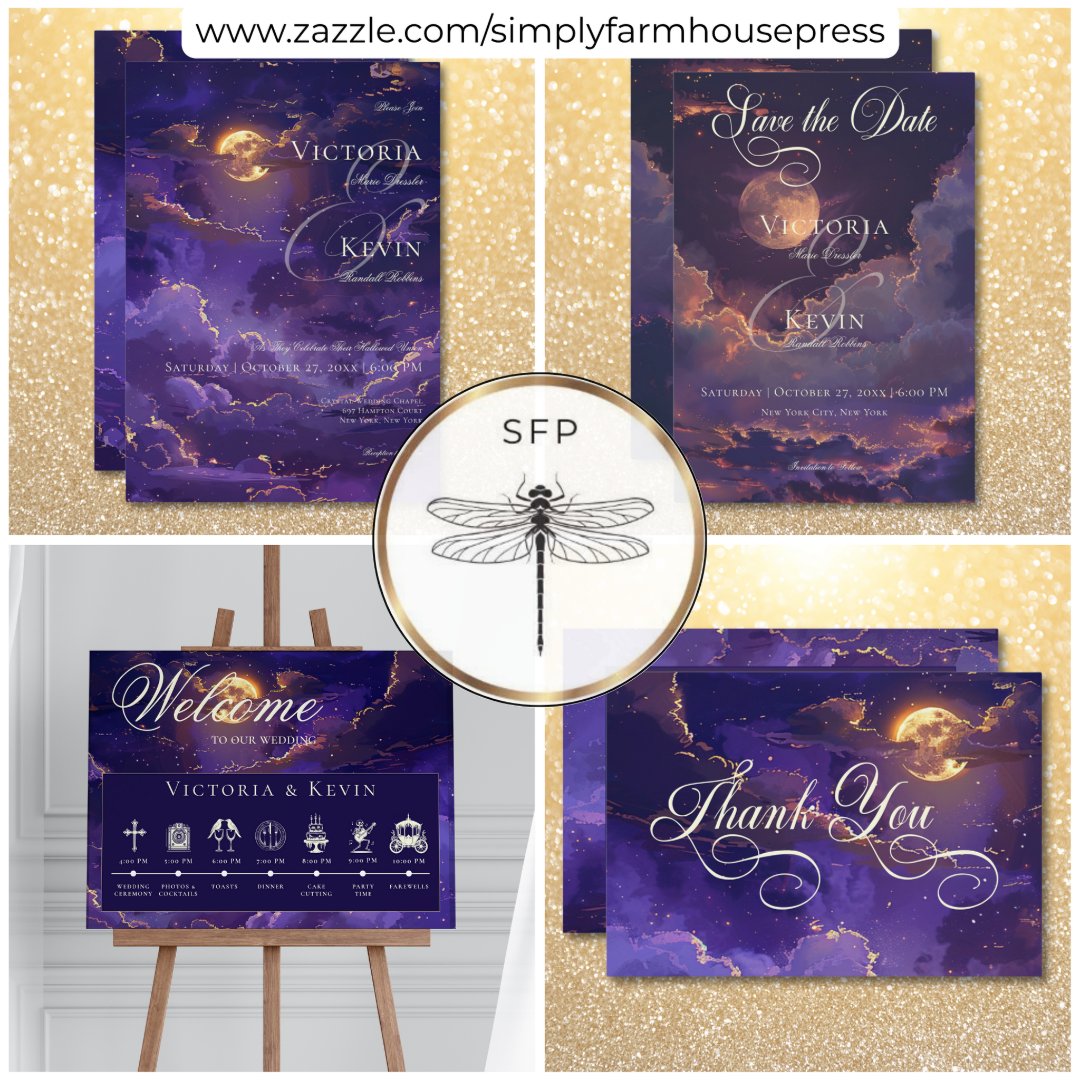 Dark Moody Purple & Gold Moonlit Clouds Wedding Invitation | Zazzle