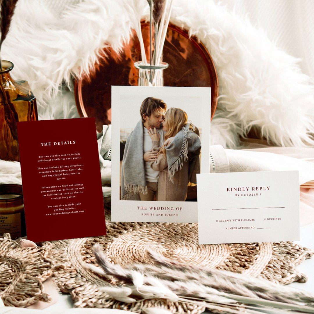 White and Dark Red Text and Photo | Wedding Invitation | Zazzle