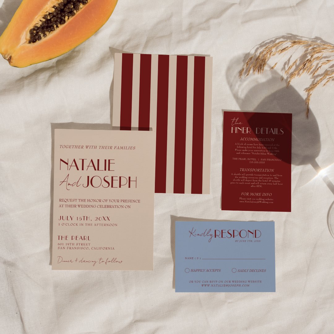 Classy Deep Red Blue Whimsical Modern Wedding Invitation | Zazzle