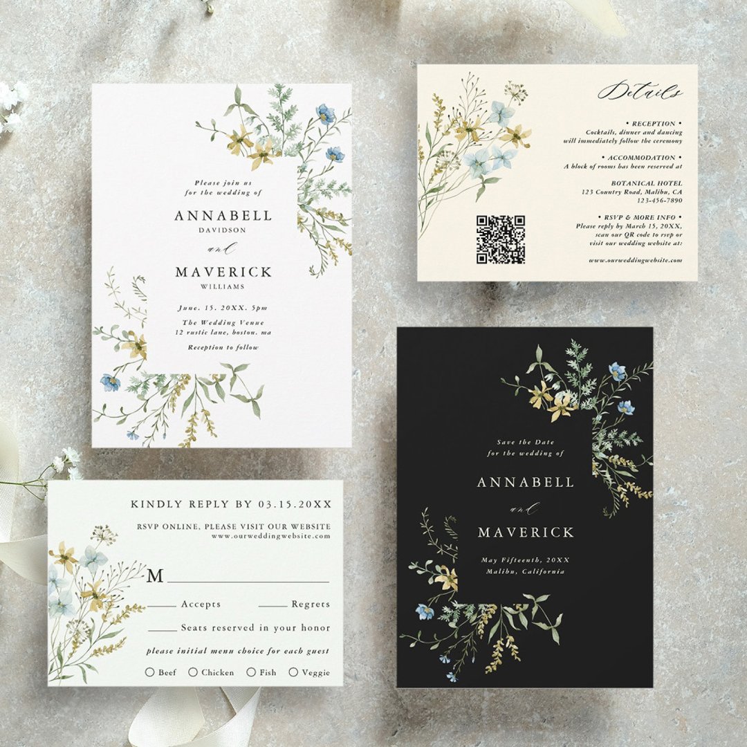Delicate Wildflower Modern Boho Wedding Black Invitation | Zazzle
