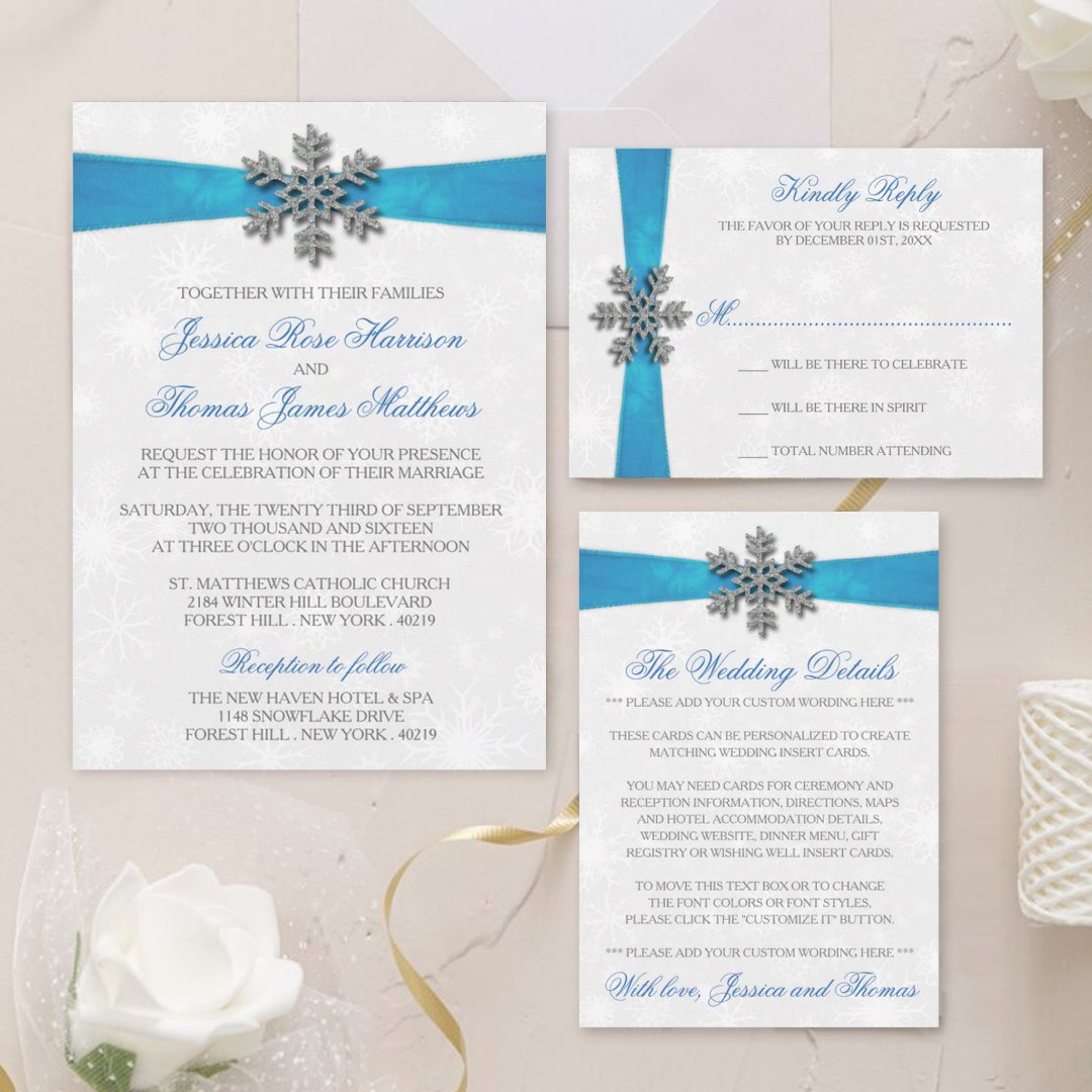 Diamante Snowflake & Blue Ribbon Winter Wedding Poster | Zazzle