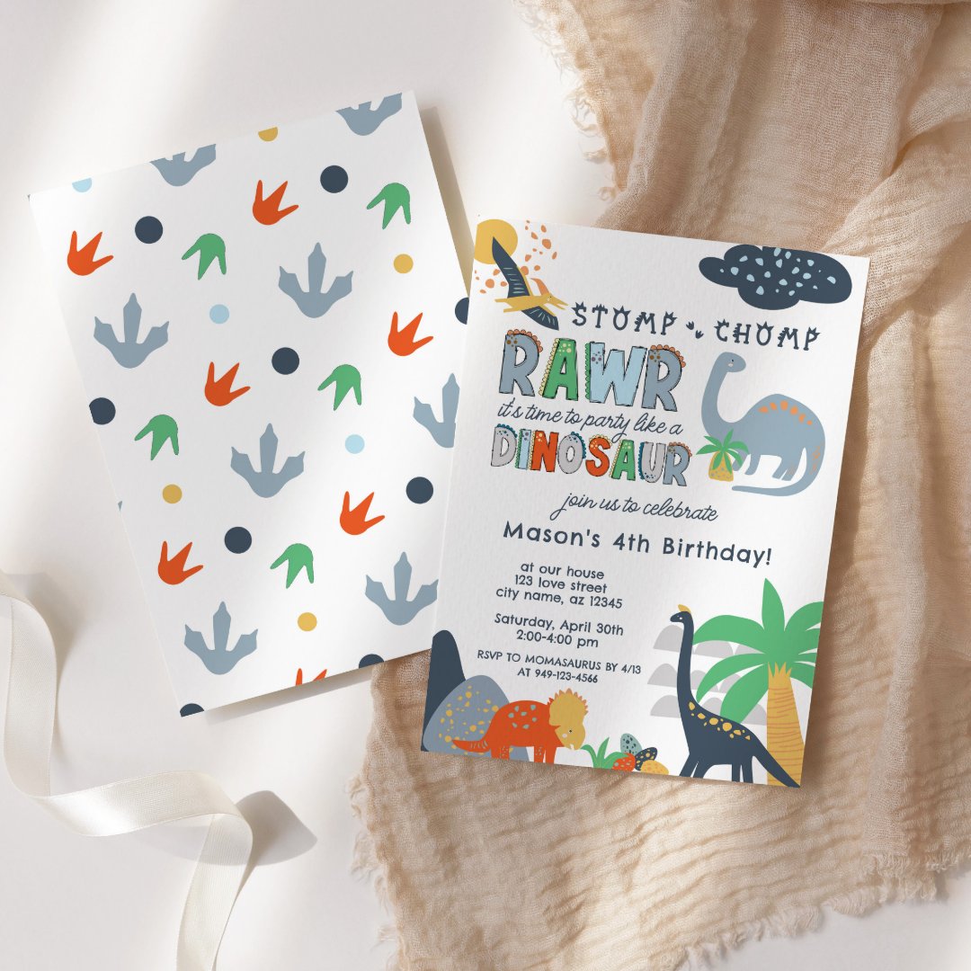 Stomp Chomp Rawr Dinosaur Birthday Invitation | Zazzle