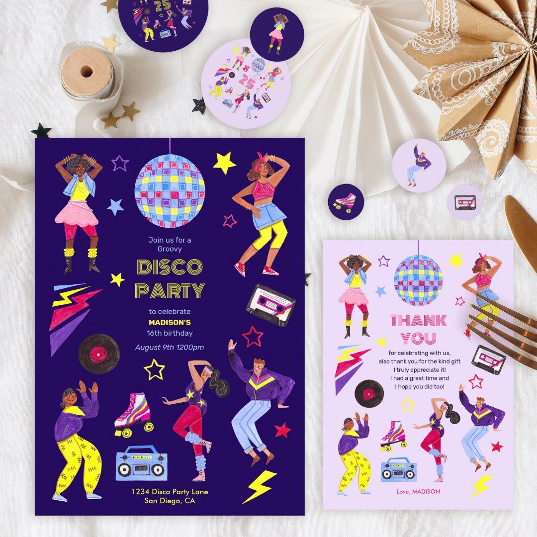 Groovy Roller Disco Purple Party Millennial Retro Invitation | Zazzle