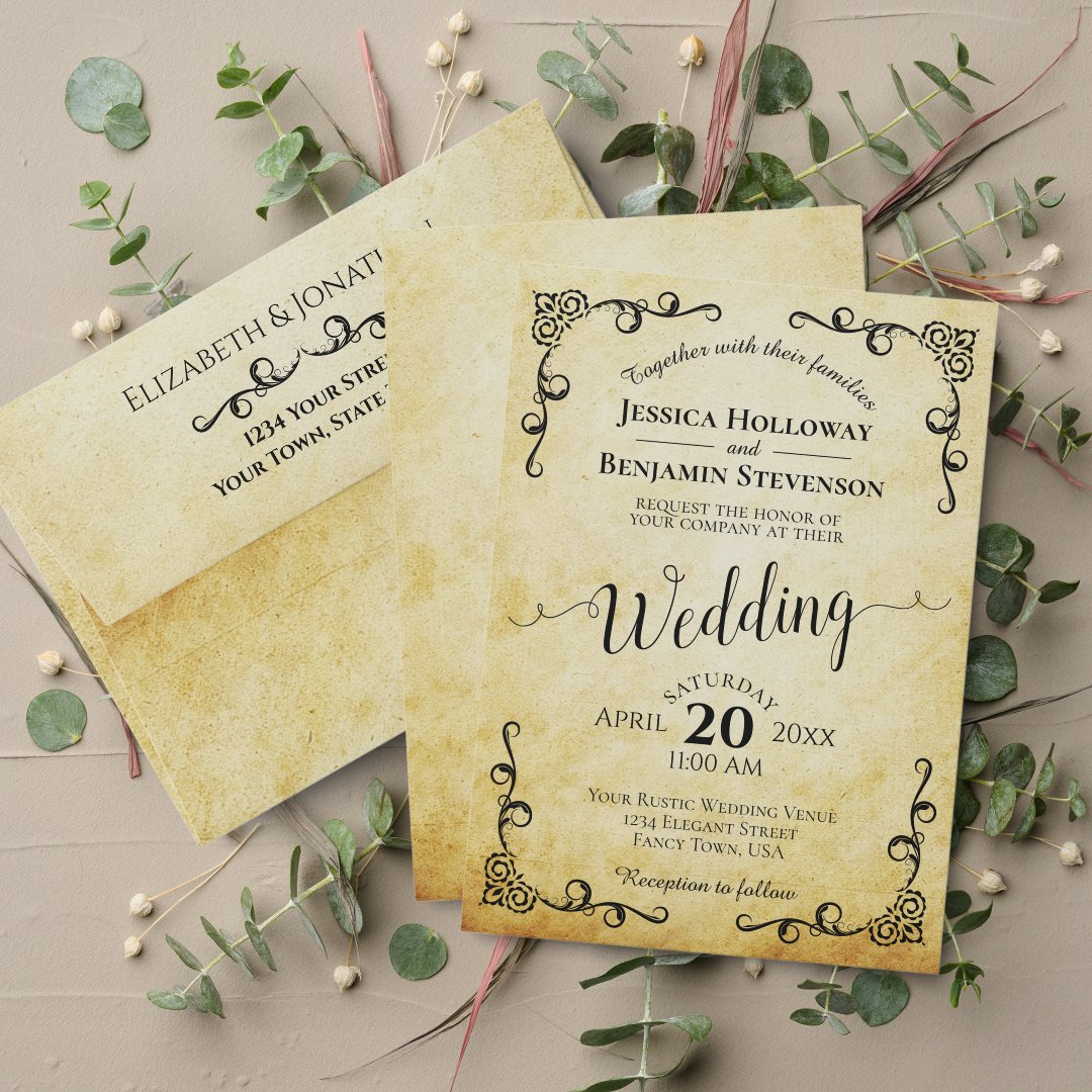Vintage Faux Parchment Elegant Formal Wedding Invitation | Zazzle