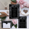 Dramatic Black Elegant Monogram Floral Wreath Invitation | Zazzle