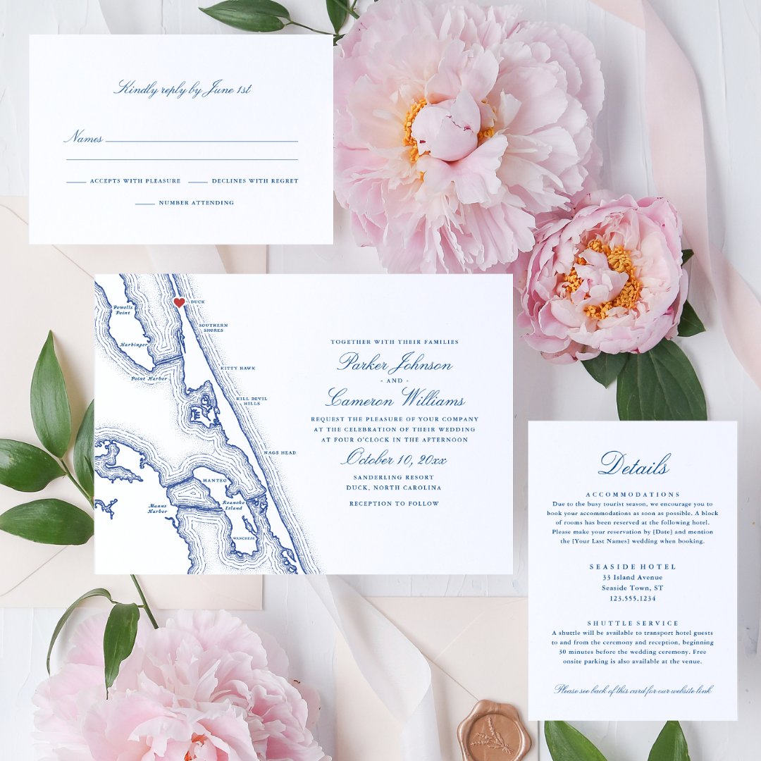 Duck NC Outer Banks Navy Wedding Welcome Itinerary Thank You Card | Zazzle