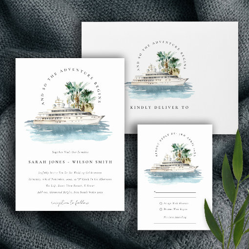 Dusky Cruise Ship Palm Seascape Rehearsal Dinner Invitation | Zazzle