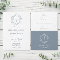 Dusty Blue Floral Crest Monogram Wedding Invitation Belly Band | Zazzle