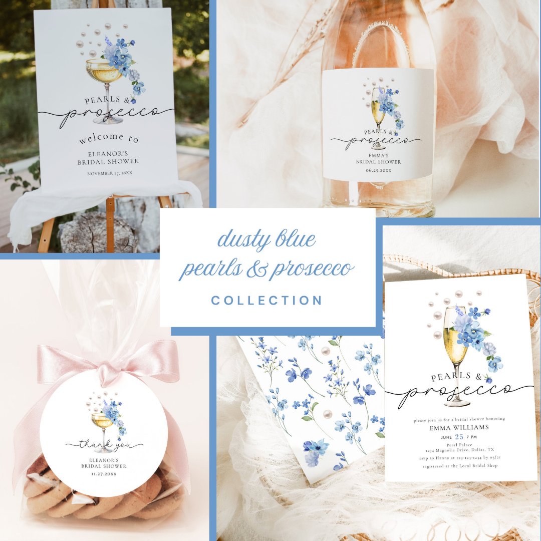 Dusty Blue Floral Pearls & Prosecco Bridal Shower Invitation | Zazzle