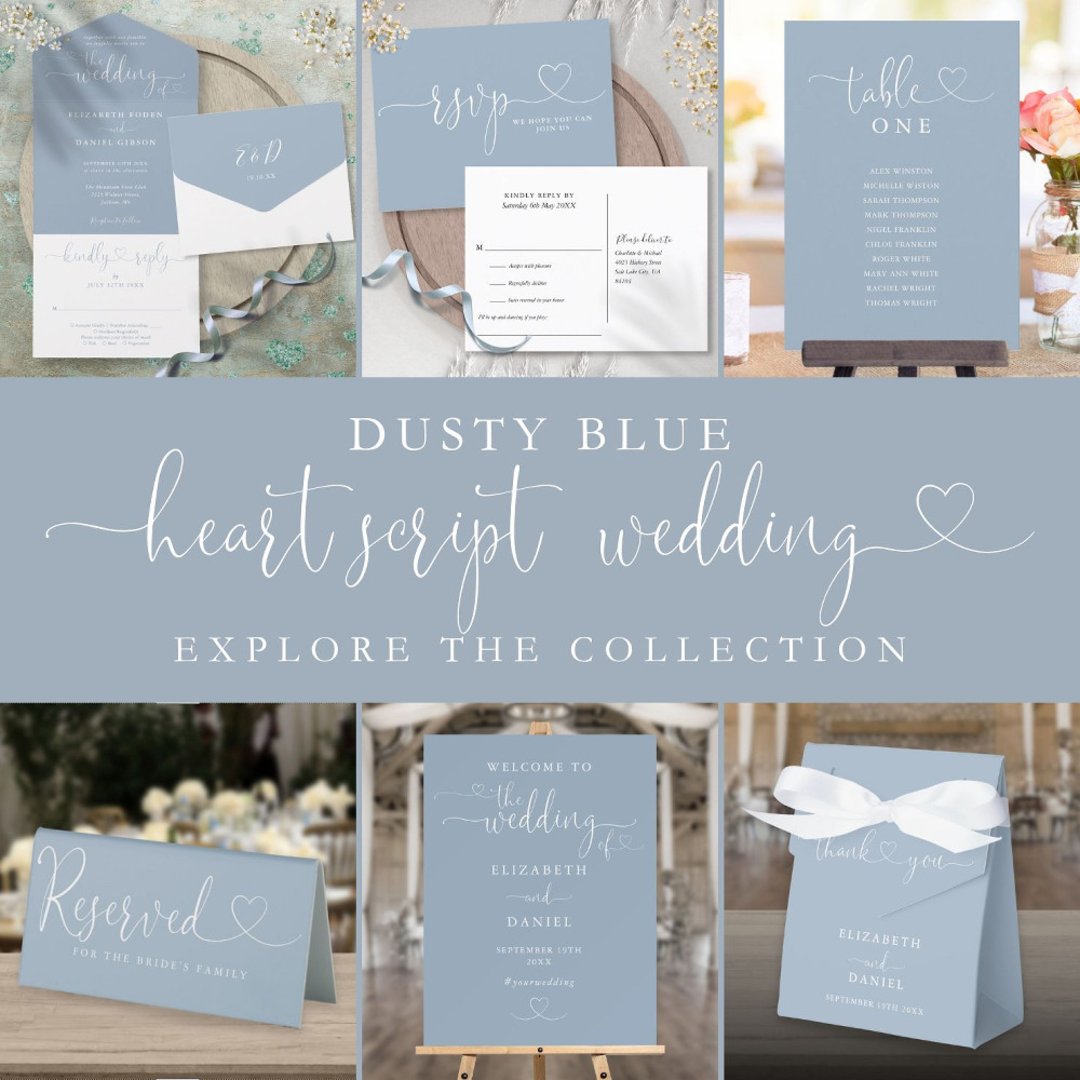 Dusty Blue Minimalist Script QR Code Wedding All In One Invitation | Zazzle