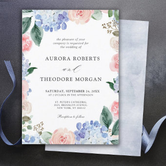 Elegant Powder Blue Pink Hydrangea Formal Wedding Invitation | Zazzle