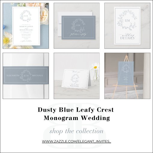 Formal Dusty Blue Leafy Crest Monogram Wedding Invitation | Zazzle