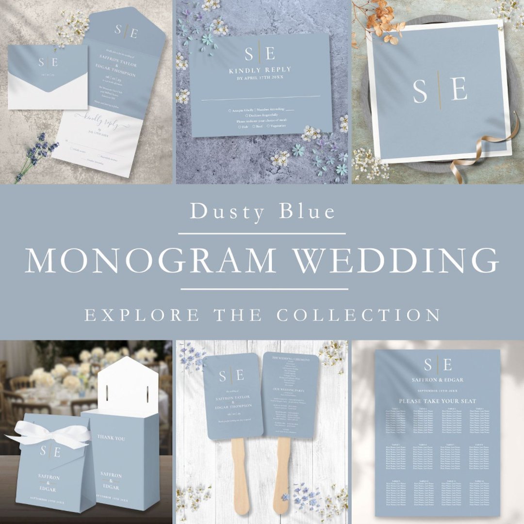 Monogram Elegant Dusty Blue And Gold Wedding All In One Invitation | Zazzle