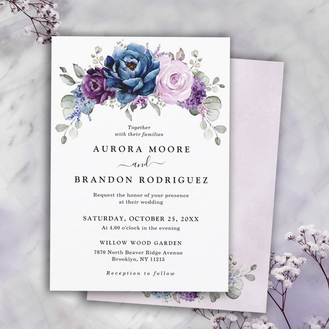 Dusty Blue Purple Navy Lilac Blooms Wedding Invita Invitation | Zazzle