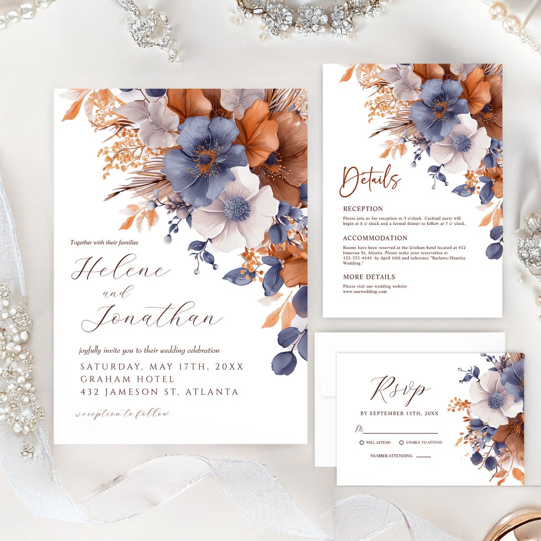 Dusty Blue Rust Watercolor Floral Elegant Wedding Invitation | Zazzle
