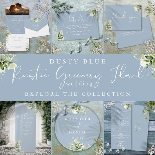 Dusty Blue Greenery QR Code Formal Wedding All In One Invitation | Zazzle