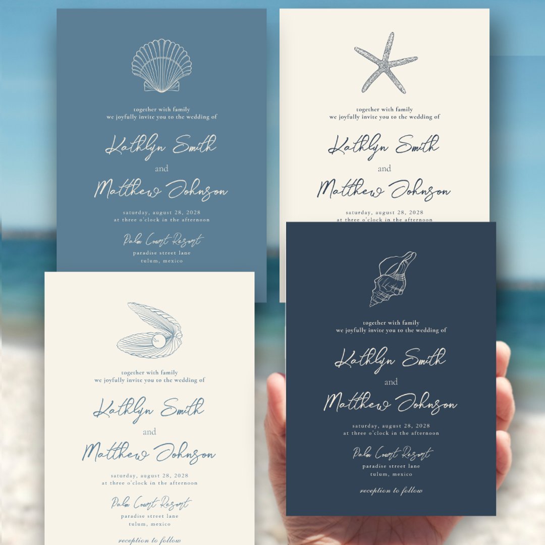 Dusty Blue Shell Beach Ocean Destination Wedding Invitation | Zazzle