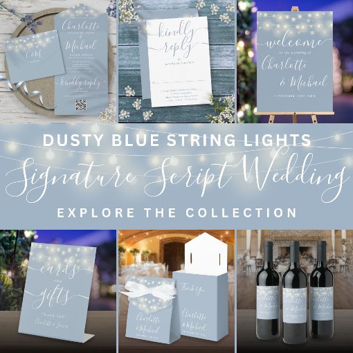 Dusty Blue String Lights QR Code Monogram Wedding All In One Invitation ...