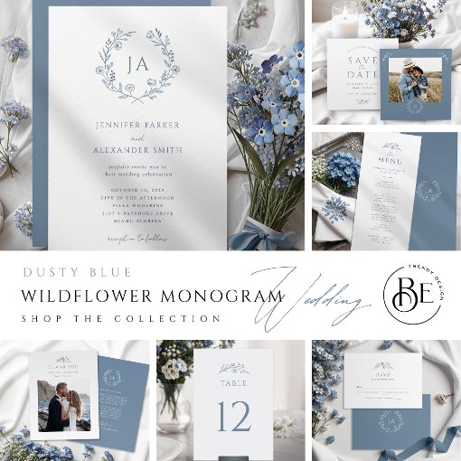 Dusty Blue Monogram Wedding Invitation | Zazzle