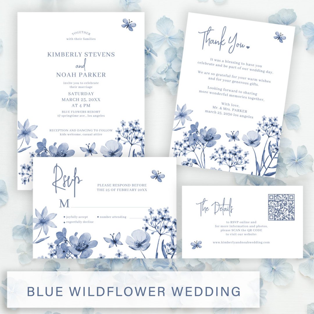 Dusty blue wildflowers modern wedding invitation | Zazzle