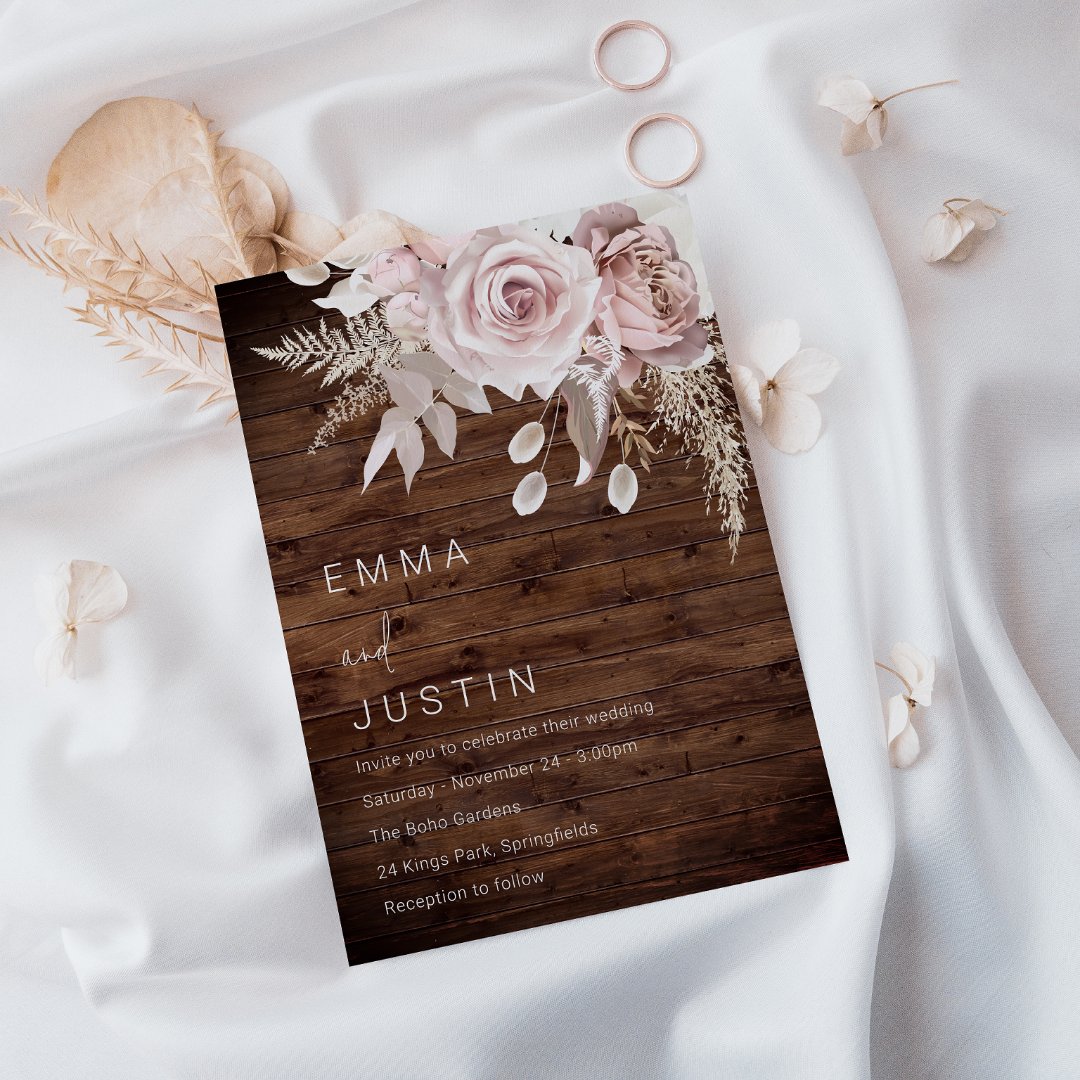 Rustic Boho Dusty Rose Blush Floral Wedding Invitation | Zazzle