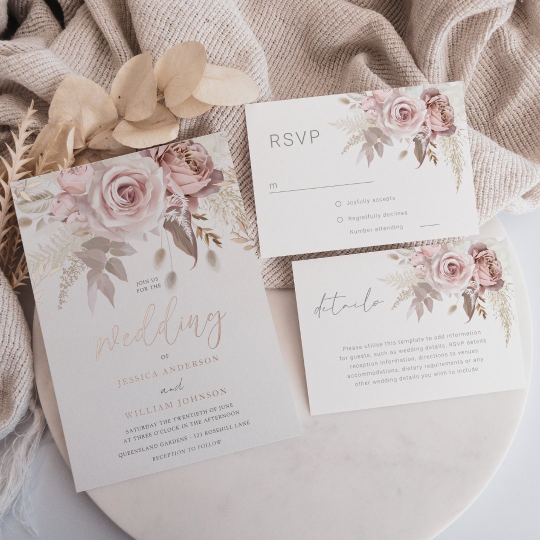 Stunning Blush Roses Floral Dusty Pink Wedding RSVP Card | Zazzle
